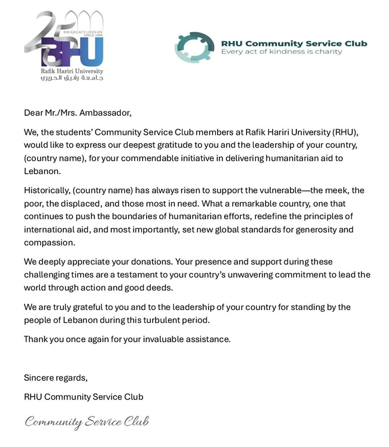 RHU sends thank you letters to the embassies of the countries for their ...